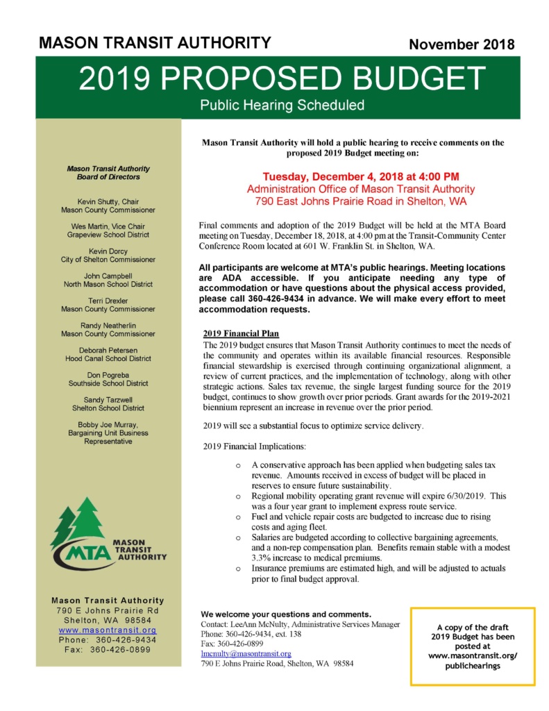 2019 Budget Public Hearing Flyer 12.4.18 public hearing – Mason Transit