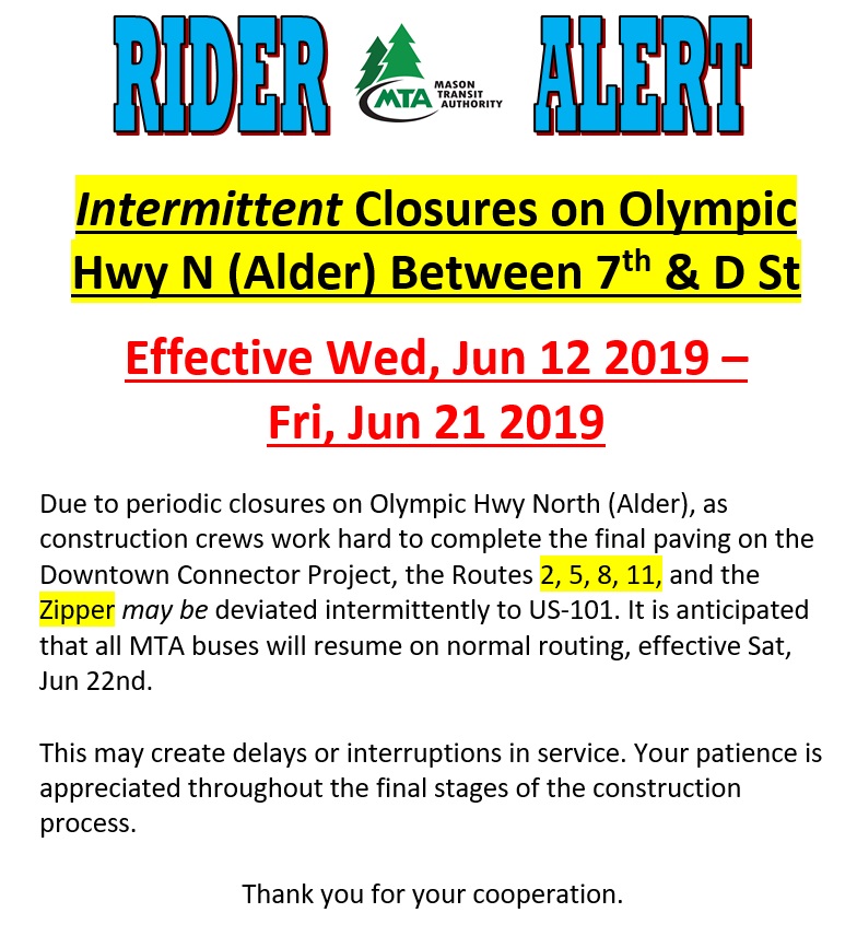 Rider Alert Construction – Mason Transit